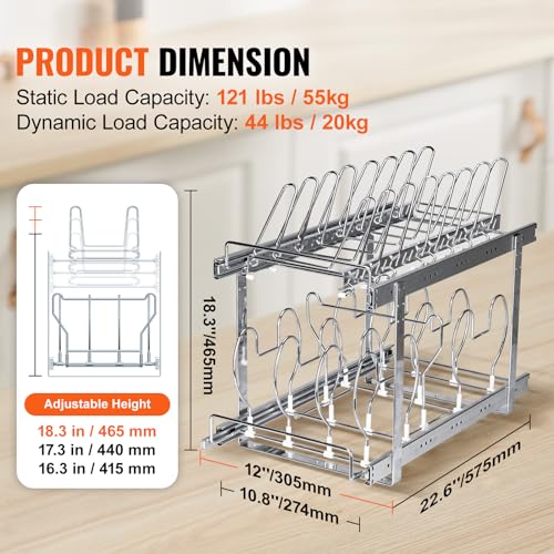 VEVOR Pan and Pot Rack, 2-Tier Expandable Pull Out Under Cabinet Organizer, 12"W, Carbon Steel, Double Tier