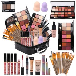 mtdxiltai all in one makeup kit for makeup storage bag 2x14 colors eyeshadow palette liquid foundation eyeliner pencils contouring stick lip gloss eyebrow pencils 20pcs makeup brushes etc for women girls teens (black)