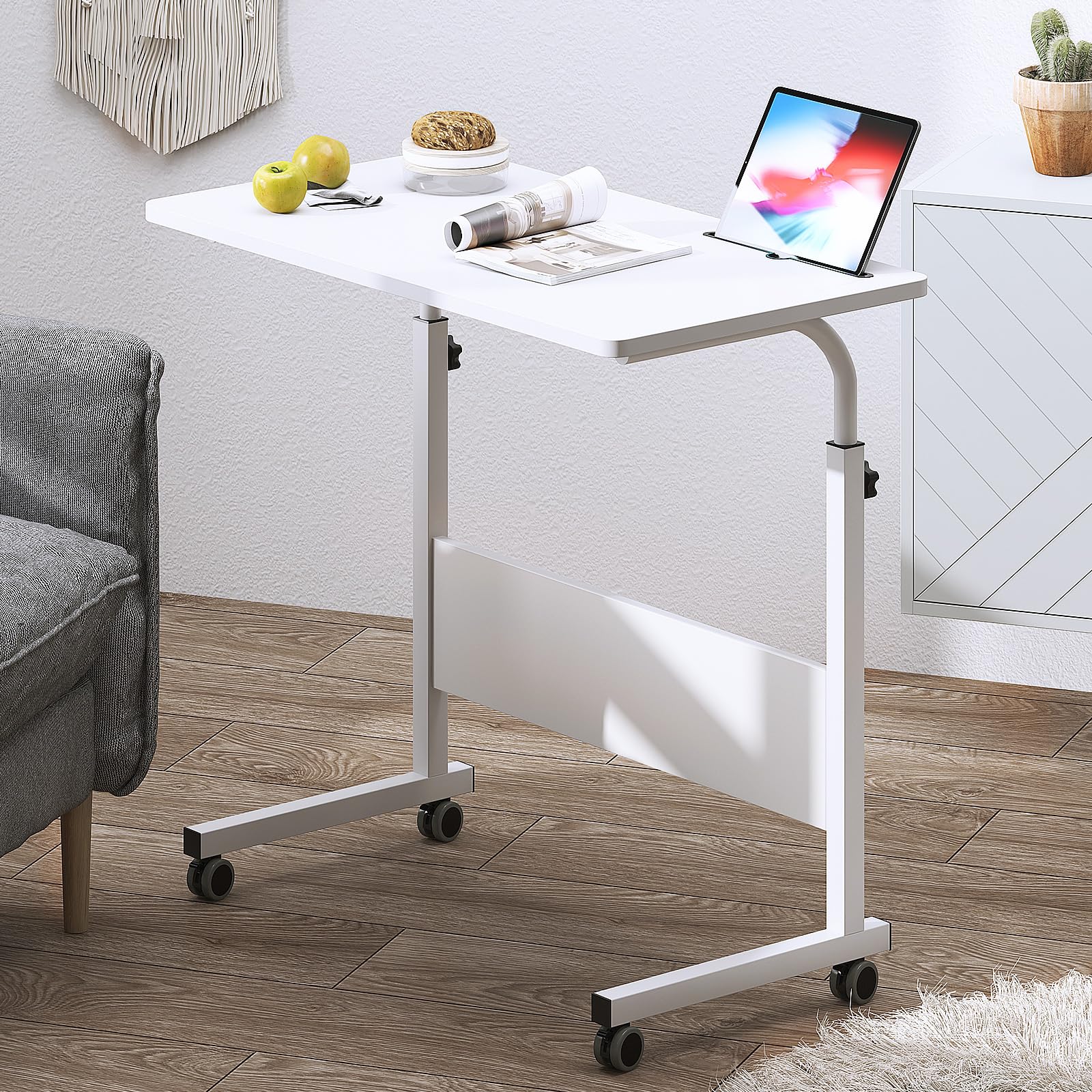 SogesPower 31.5 inches Mobile Laptop Desk with Slot Adjustable Side Table Computer Stand for Bed Sofa,White