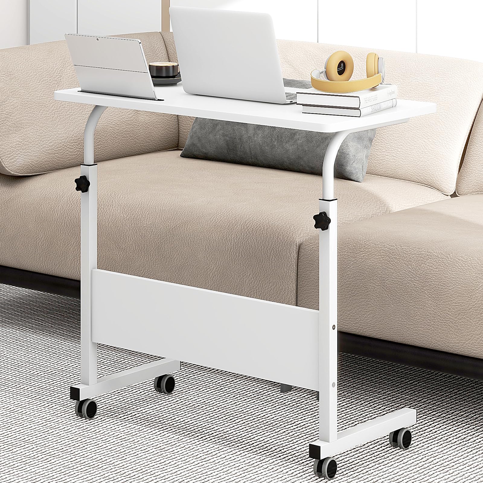 SogesPower 31.5 inches Mobile Laptop Desk with Slot Adjustable Side Table Computer Stand for Bed Sofa,White