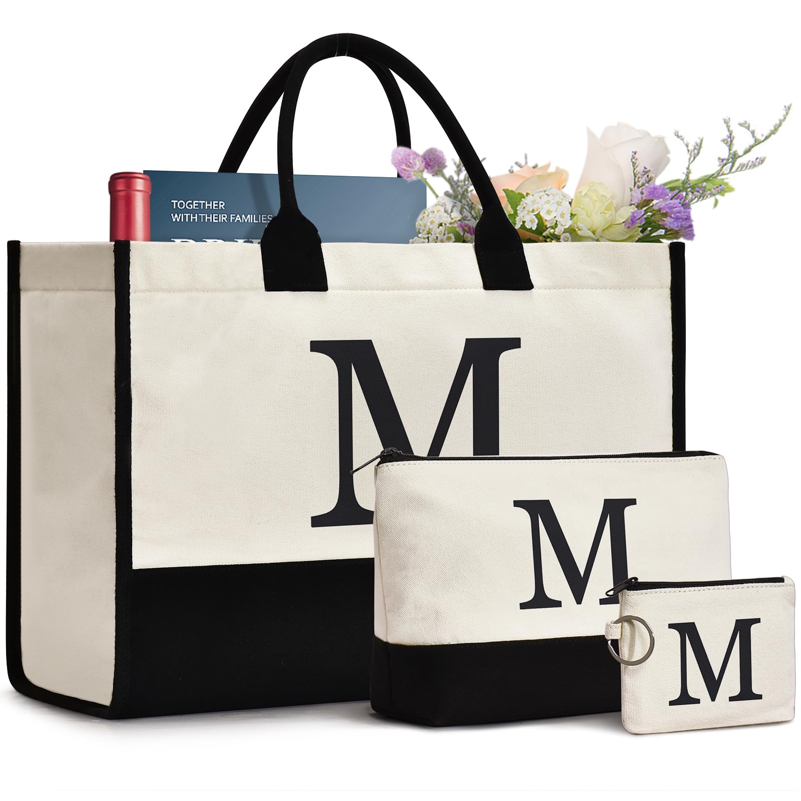 GASSDA Initial Canvas Tote Bag, Birthday Gifts For Women, Monogram Personalized Gifts For Women Mom Teachers Bridesmaids (M 3PCS)