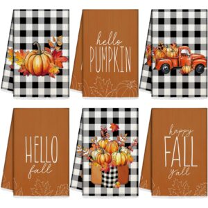 mixweer 6 pcs fall kitchen towels 16 x 24 inch autumn pumpkin dish towels buffalo plaid hand towels absorbent thanksgiving maple leaf truck tea towels dish cloths for fall kitchen bathroom decor