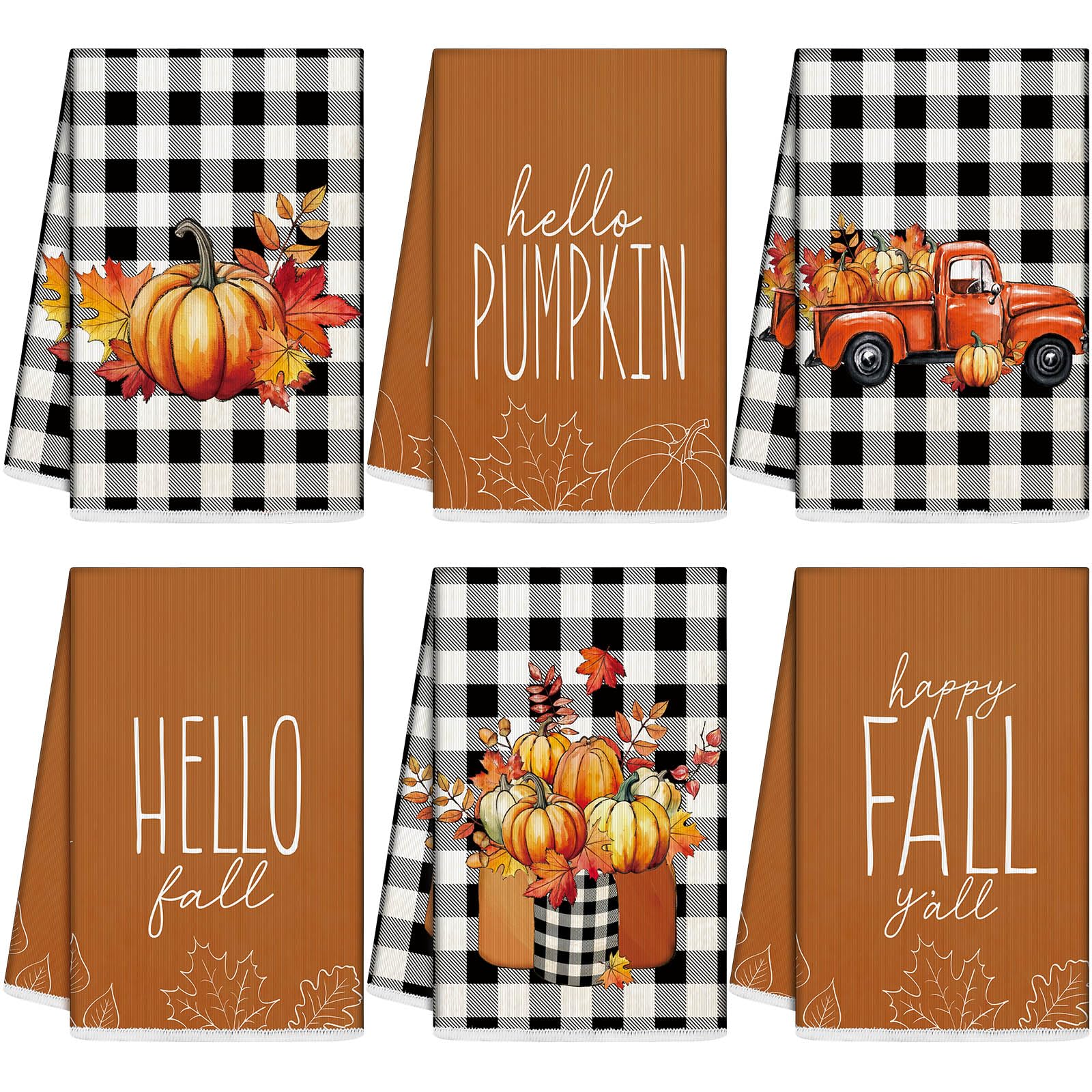 Mixweer 6 Pcs Fall Kitchen Towels 16 x 24 Inch Autumn Pumpkin Dish Towels Buffalo Plaid Hand Towels Absorbent Thanksgiving Maple Leaf Truck Tea Towels Dish Cloths for Fall Kitchen Bathroom Decor