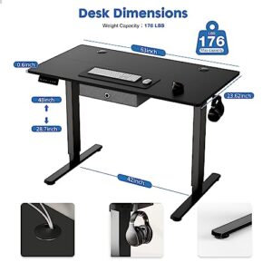 Standing Desk with Drawer, 63 x 24 Inch Home Office Electric Stand Up Desk with Drawer Storage, Height Adjustable Sit Stand Ergonomic Computer Desk with Wire Hole and Hook for Workstation, Study