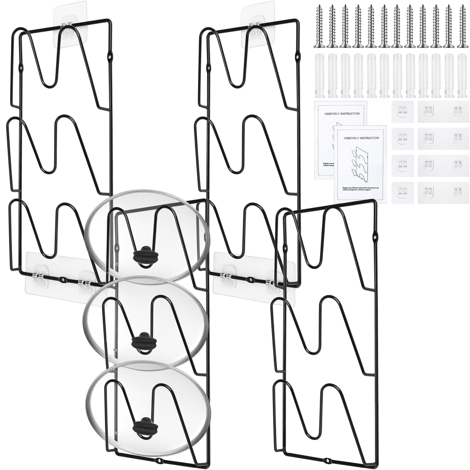 Jinei 6 Pack Pot Lid Organizer Rack 3 Tier Pot Lids Holder No Drilling Adhesive Wall Mounted Lid Rack for Kitchen Cabinet Door Mounted Pot and Pan Covers Holder Rack