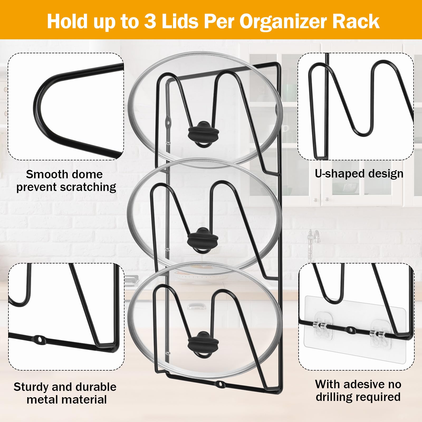 Jinei 6 Pack Pot Lid Organizer Rack 3 Tier Pot Lids Holder No Drilling Adhesive Wall Mounted Lid Rack for Kitchen Cabinet Door Mounted Pot and Pan Covers Holder Rack