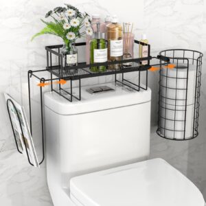 multifunctional over the toilet storage shelf with paper holder, bathroom organizer shelf above toilet storage with storage rack, adjustable toilet storage rack, no drilling space saver, metal black