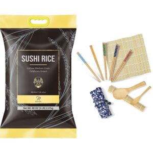 soeos premium sushi rice, medium grain, white sticky rice, 5 pound + soeos sushi making kit, 2 sushi rolling mats, 5 pairs chopsticks, 1 paddle, 1 spreader, 1 cotton bag