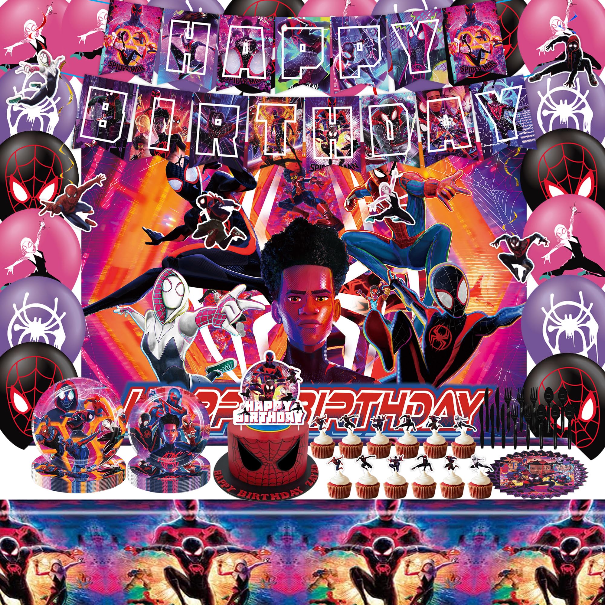 Miles Morales Birthday Party Supplies, Miles Morales Party Decoration Include Banner, Backdrop, Hanging Swirls, Balloons, Tablecloth, Cake Toppers, Tableware, Miles Morales Party Favors