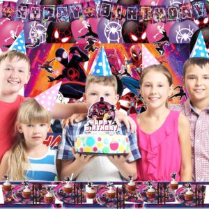 Miles Morales Birthday Party Supplies, Miles Morales Party Decoration Include Banner, Backdrop, Hanging Swirls, Balloons, Tablecloth, Cake Toppers, Tableware, Miles Morales Party Favors