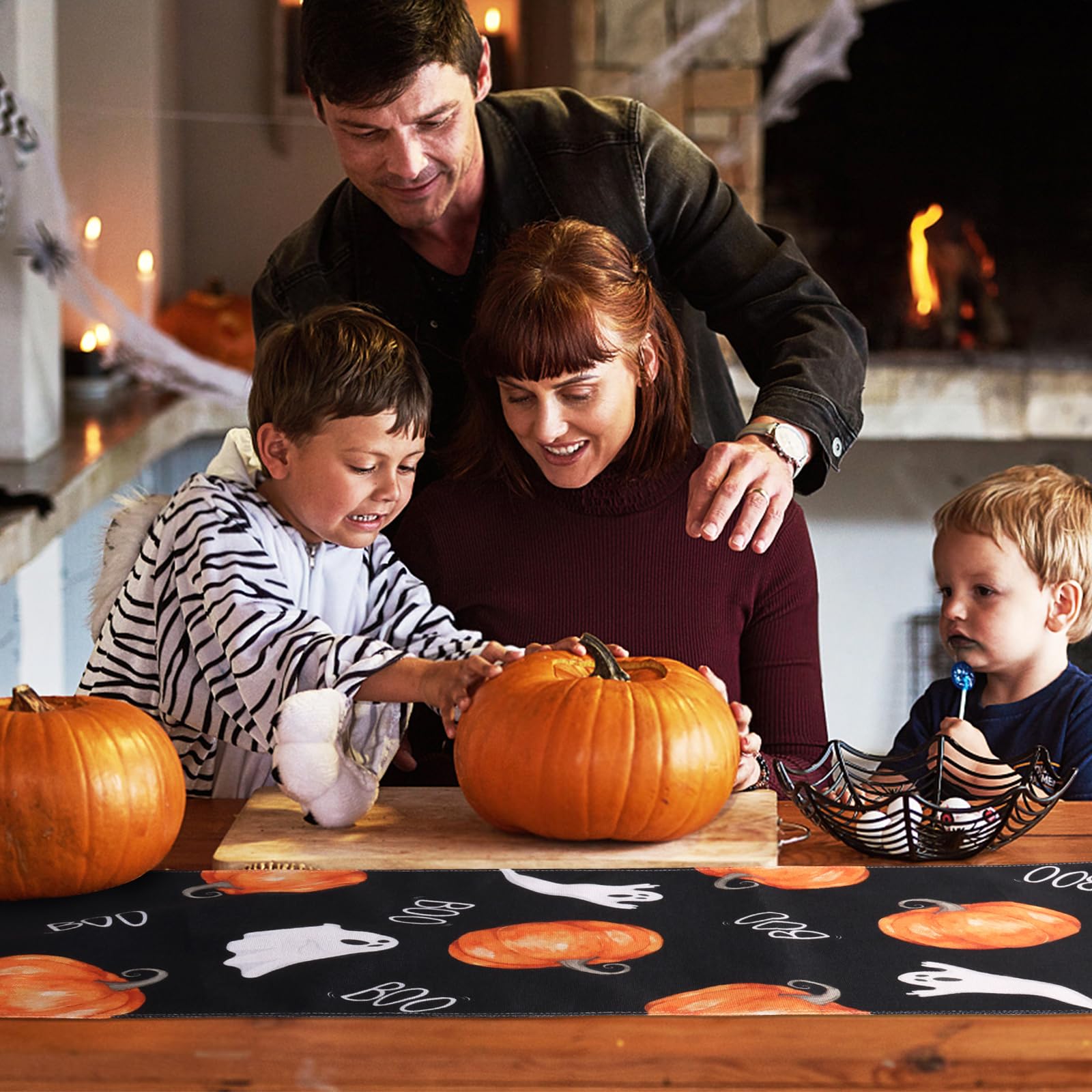 Halloween Table Runner Ghost Pumpkins Halloween Runners Home Kitchen Dining Table Decorations Seasonal Holiday Table Runner for Indoor Outdoor Party Decor 14x72 Inch, Black