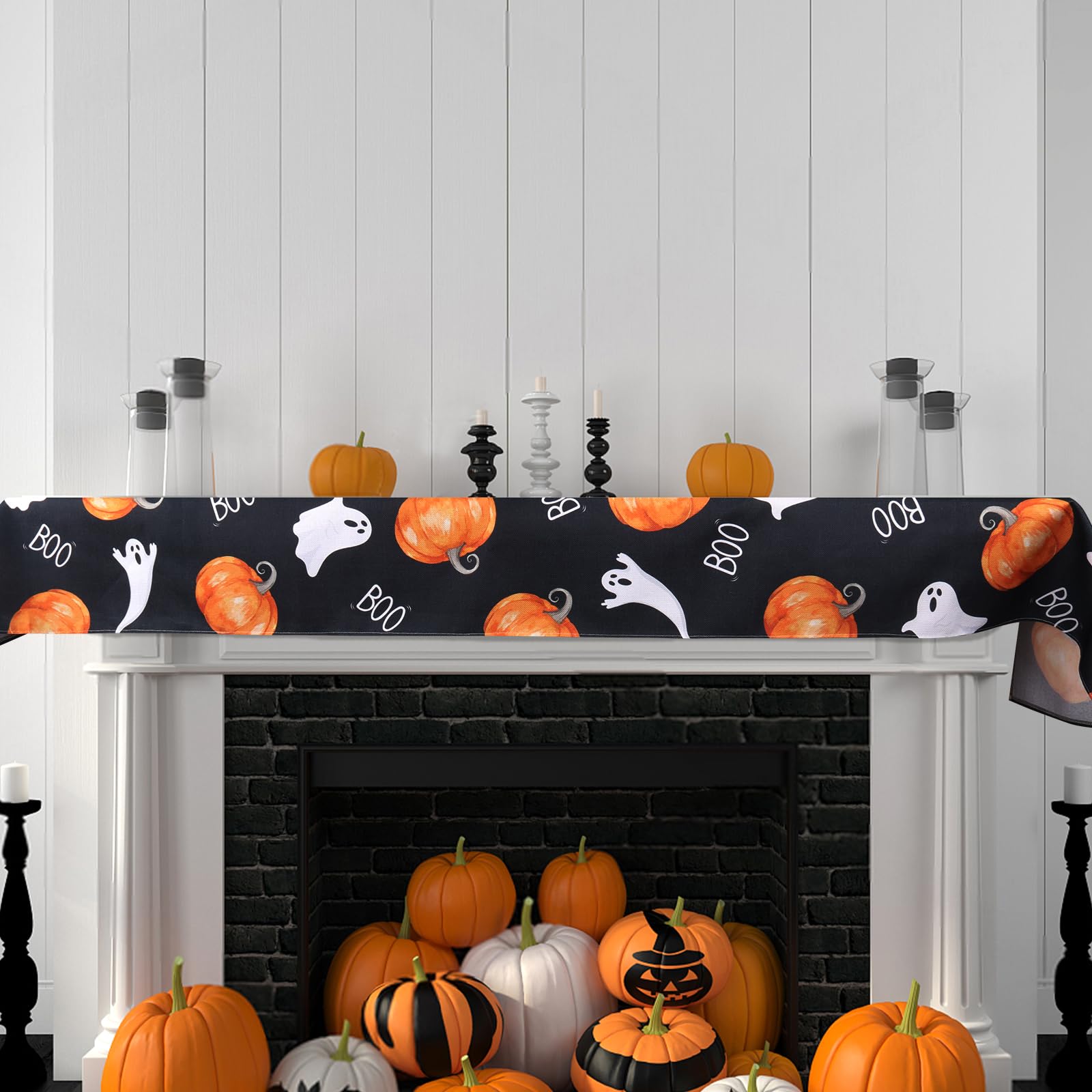 Halloween Table Runner Ghost Pumpkins Halloween Runners Home Kitchen Dining Table Decorations Seasonal Holiday Table Runner for Indoor Outdoor Party Decor 14x72 Inch, Black