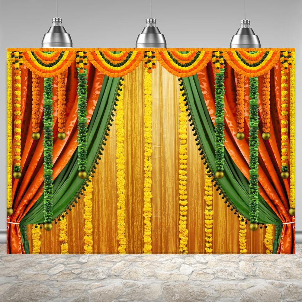 Lofaris India Pooja Photography Backdrop Puja Ganpati Pooja Traditional Mehndi Festival Background Decorations Wedding Party Marigold Garlands Photo Props 6x4ft