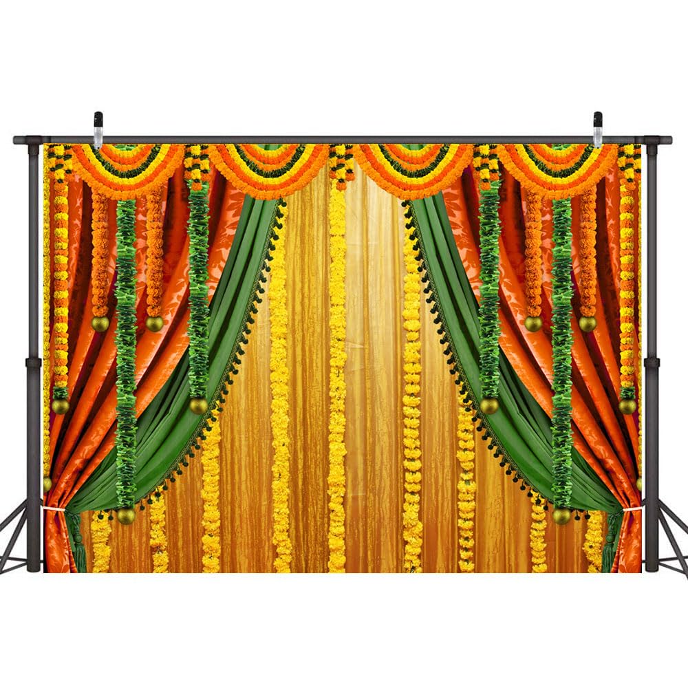 Lofaris India Pooja Photography Backdrop Puja Ganpati Pooja Traditional Mehndi Festival Background Decorations Wedding Party Marigold Garlands Photo Props 6x4ft