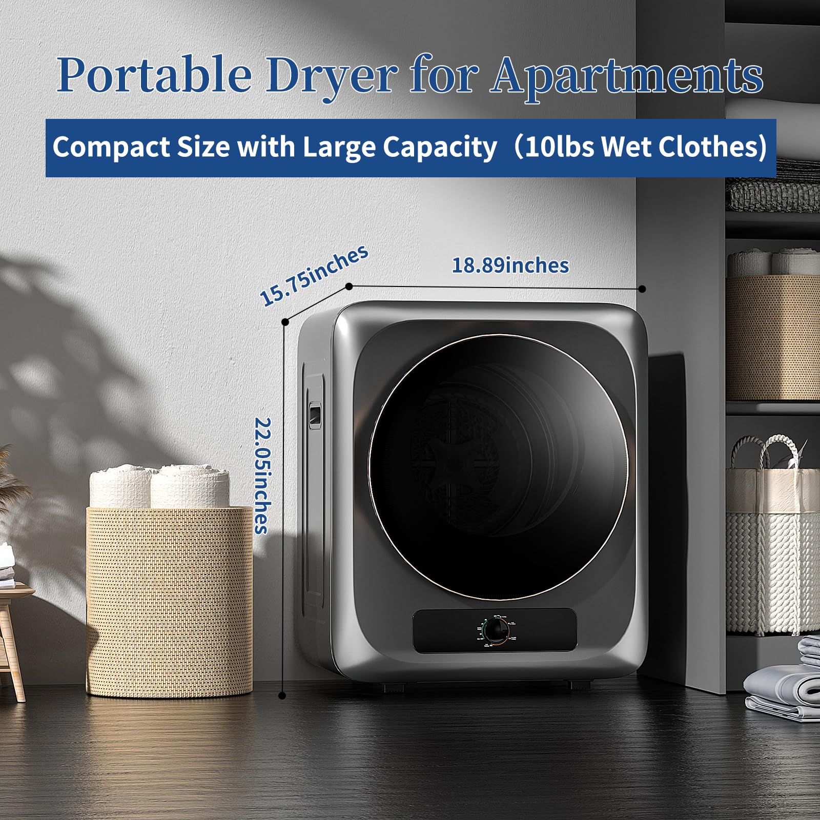 VCJ Portable Clothes Dryer for Apartment, 10lbs Compact Electric Laundry Dryer with Stainless Steel Tub, 1.5 cu.ft Suitable for Apartments, Dorm, RVS