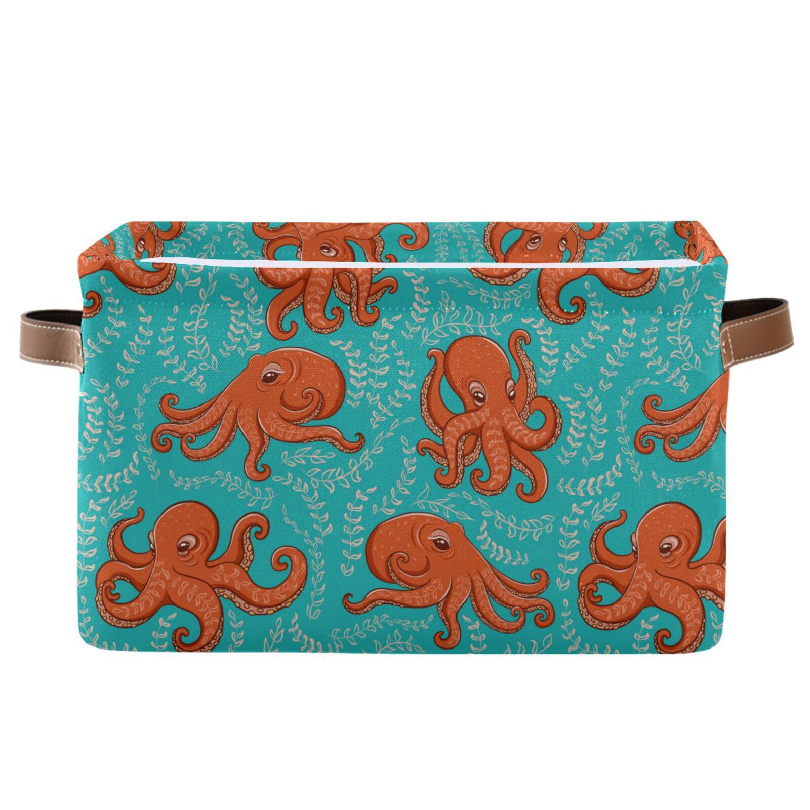 xigua Un Orange Octopus Foldable Canvas Storage Bin, Sturdy Fabric Storage Basket with Handles, Storage Cube Box for Organizing Shelf Nursery Toy Closet 2PCS#795