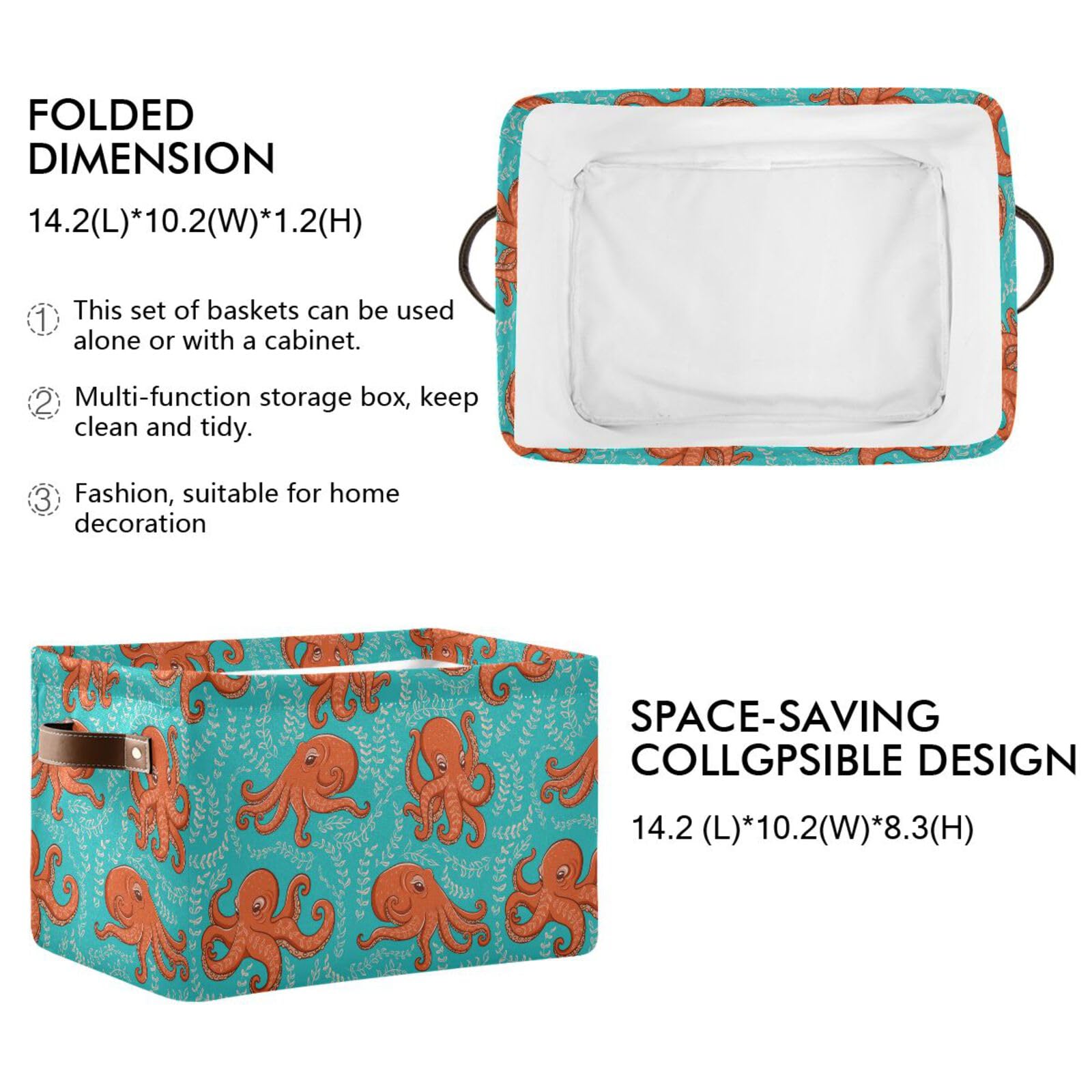 xigua Un Orange Octopus Foldable Canvas Storage Bin, Sturdy Fabric Storage Basket with Handles, Storage Cube Box for Organizing Shelf Nursery Toy Closet 2PCS#795