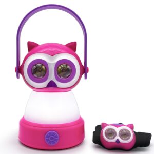 outdoor equipment led camping lantern & headlamp set for kids, fant.lux battery powered night light for emergency, hurricane, lightweight tent lamp (pink owl set)