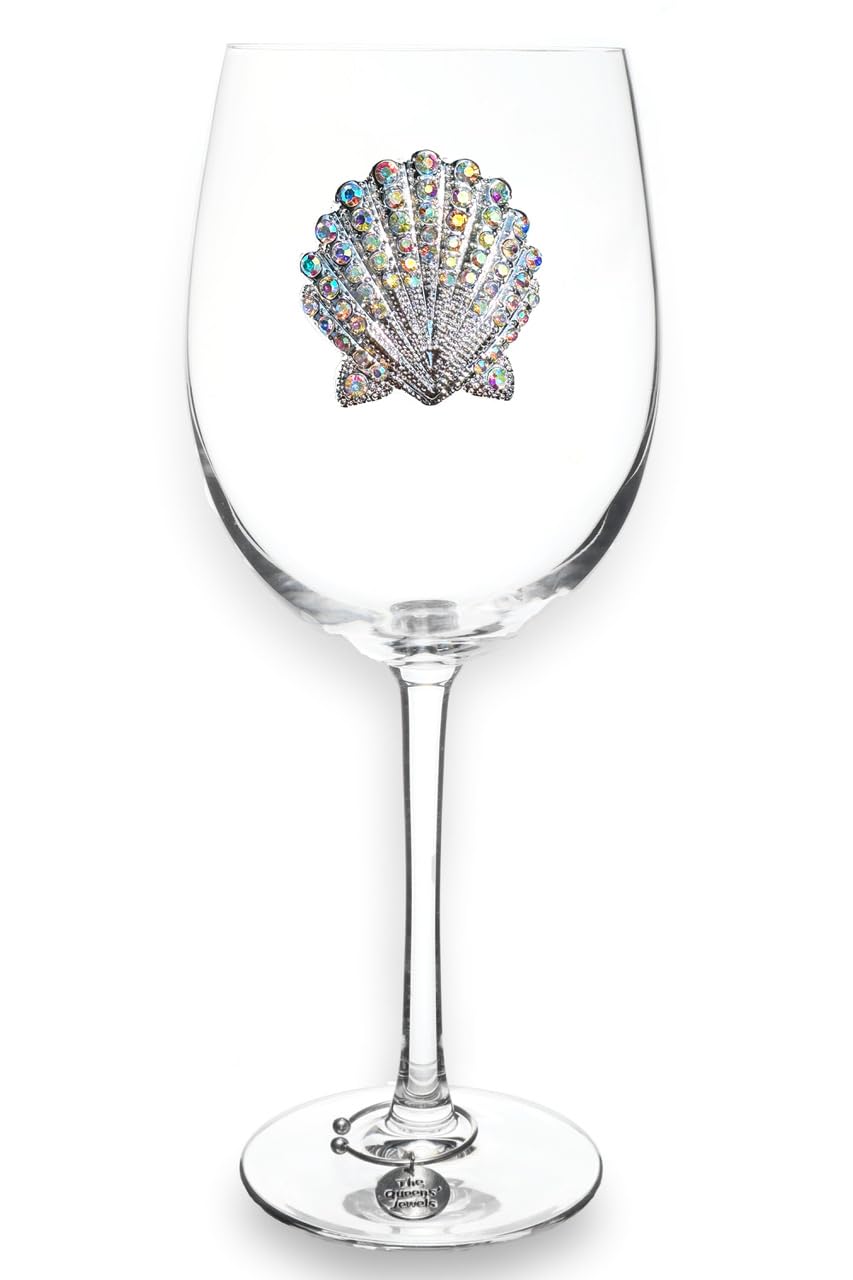 THE QUEENS' JEWELS Seashell Jeweled Stemmed Wine Glass, 21 oz. - Unique Gift for Women, Birthday, Cute, Fun, Not Painted, Decorated, Bling, Bedazzled, Rhinestone