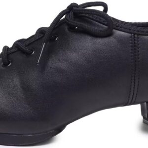 Jazz Tap Shoes for Woman: Leather Lace Up Tap Dance Shoes for Girls and Adult - Flat Heel Split Sole Tap Jazz Shoes for Boys and Man Black