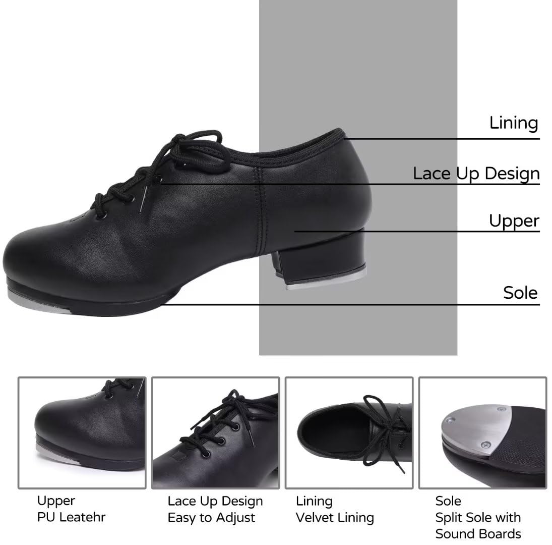 Jazz Tap Shoes for Woman: Leather Lace Up Tap Dance Shoes for Girls and Adult - Flat Heel Split Sole Tap Jazz Shoes for Boys and Man Black