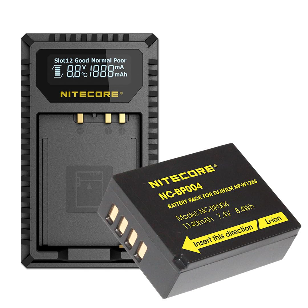 Nitecore FX1 2-Slot Digital Charger and NC-BP004 Battery Bundle Compatible with Fujifilm NP-W126 and NP-W126S Batteries