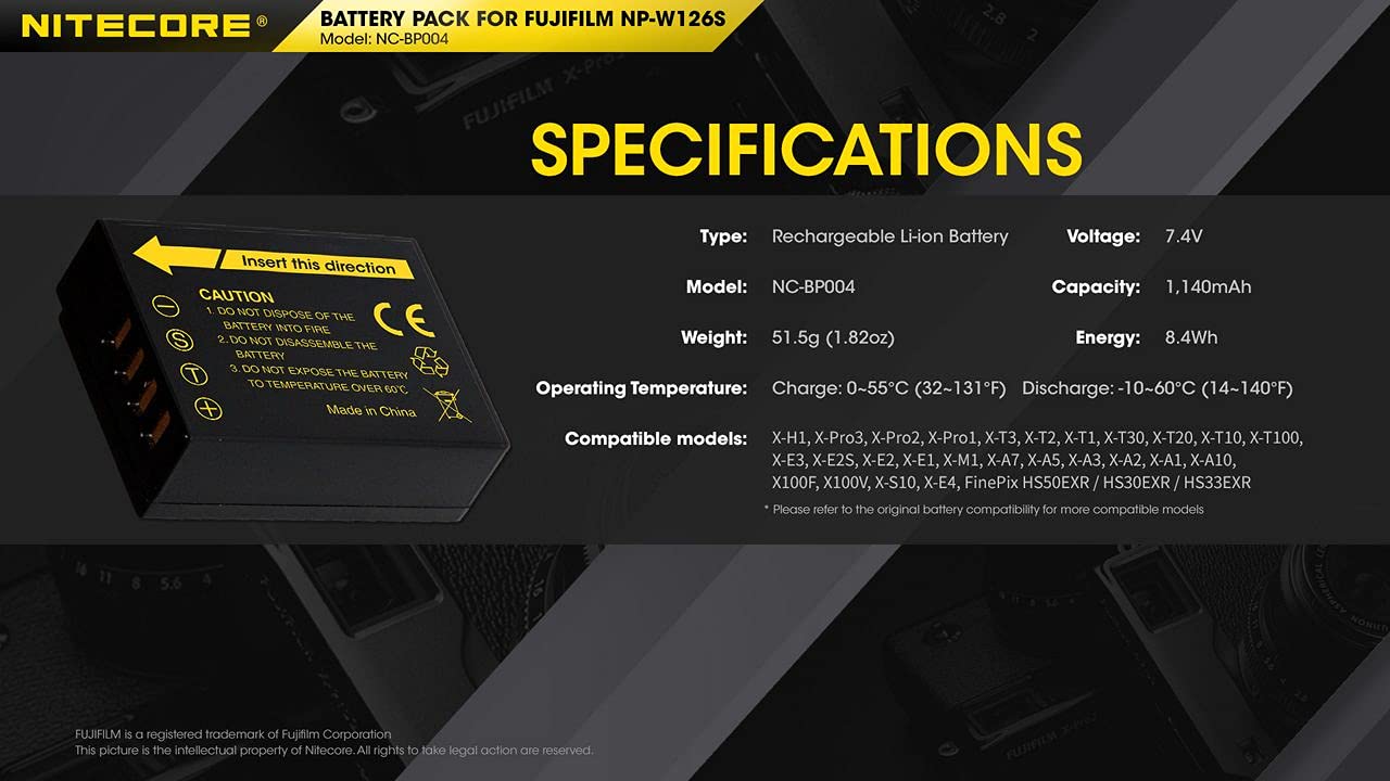 Nitecore FX1 2-Slot Digital Charger and NC-BP004 Battery Bundle Compatible with Fujifilm NP-W126 and NP-W126S Batteries