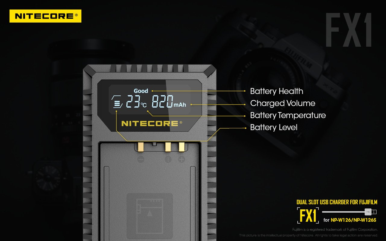 Nitecore FX1 2-Slot Digital Charger and NC-BP004 Battery Bundle Compatible with Fujifilm NP-W126 and NP-W126S Batteries