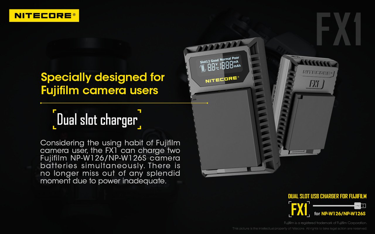 Nitecore FX1 2-Slot Digital Charger and NC-BP004 Battery Bundle Compatible with Fujifilm NP-W126 and NP-W126S Batteries