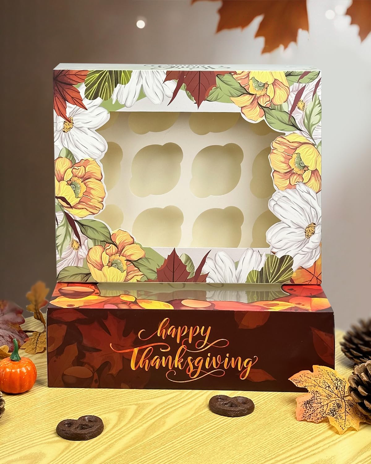 Thanksgiving 12 Cupcake Containers 16-Packs Cupcake Box Cupcakes Carrier, 12 Cupcake Boxes with Window 13"x10"x3.5"