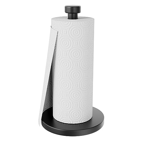 Waissdea Paper Towel Holder Countertop, Kitchen Paper Towel Roll Holder with Weighted Base, Free Standing Paper Towel Holder Stand for Standard or Jumbo-Sized Rolls，WPTH003BK，Black