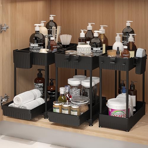 Sevenblue 3 Pack Under Sink Organizer, 2-Tier Multi-Use Kitchen Bathroom Organizers and Storage with Sliding Drawer, Bathroom Cabinet Organizer with Hooks and Hanging Cups, Black