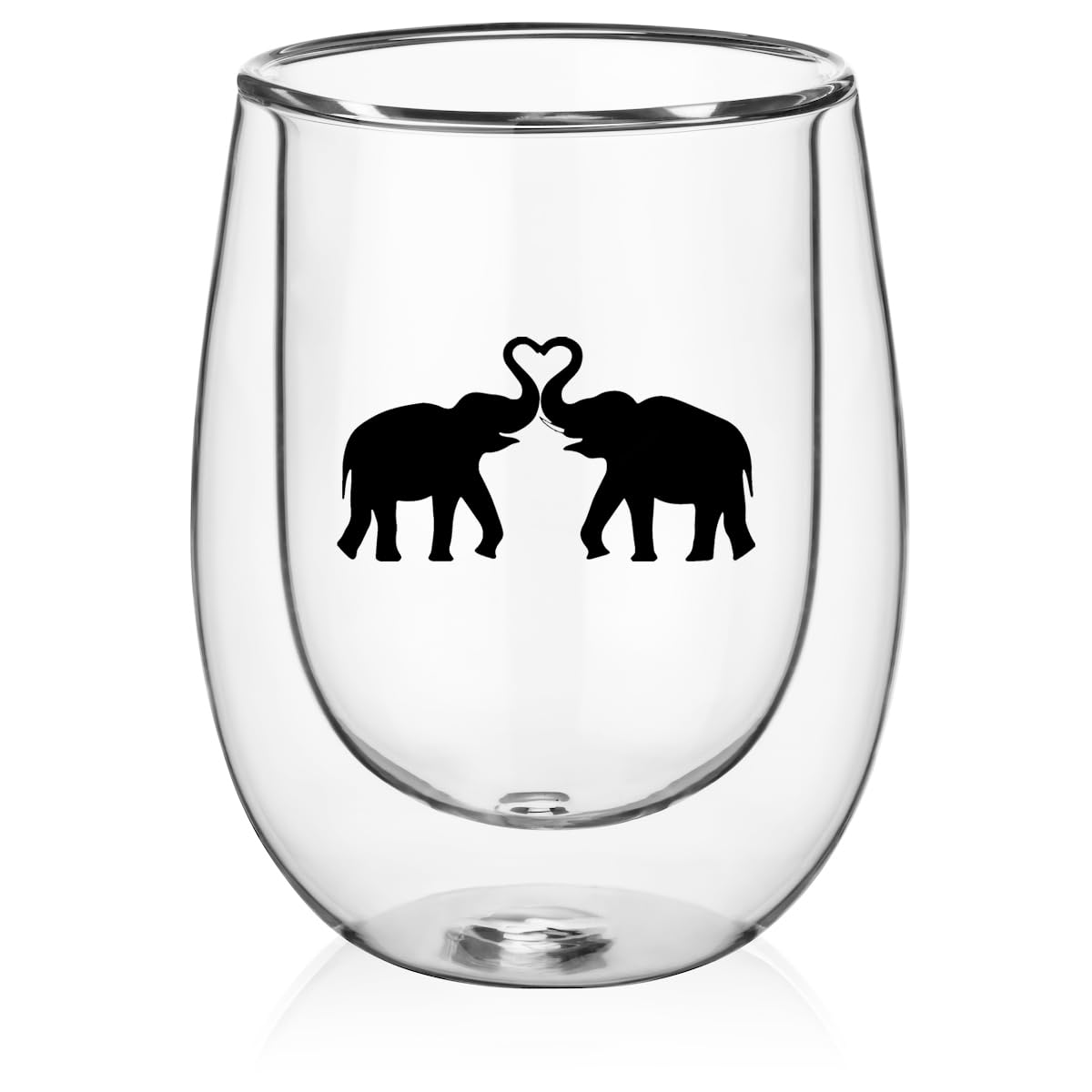 Double Wall Insulated Glass Hand Blown Stemless Wine Glass Coffee Mug Gift Elephants Making Heart