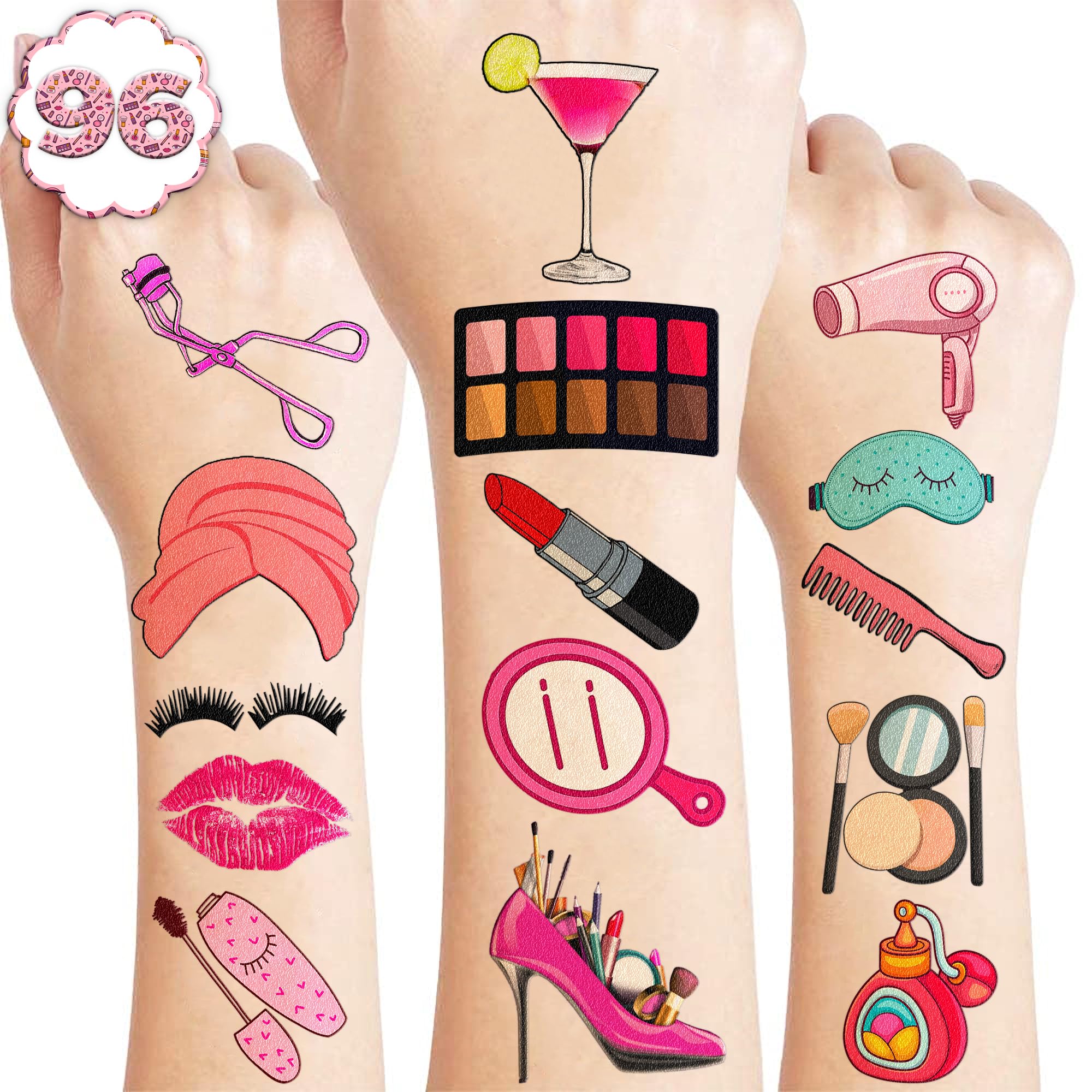 96 PCS Spa Makeup Temporary Tattoo Stickers Theme Birthday Party Decorations Supplies Favors Decor Cute Beauty Cosmetic Nail Tattoos Sticker Gifts for Kids Girls Women School Prizes Carnival Christmas