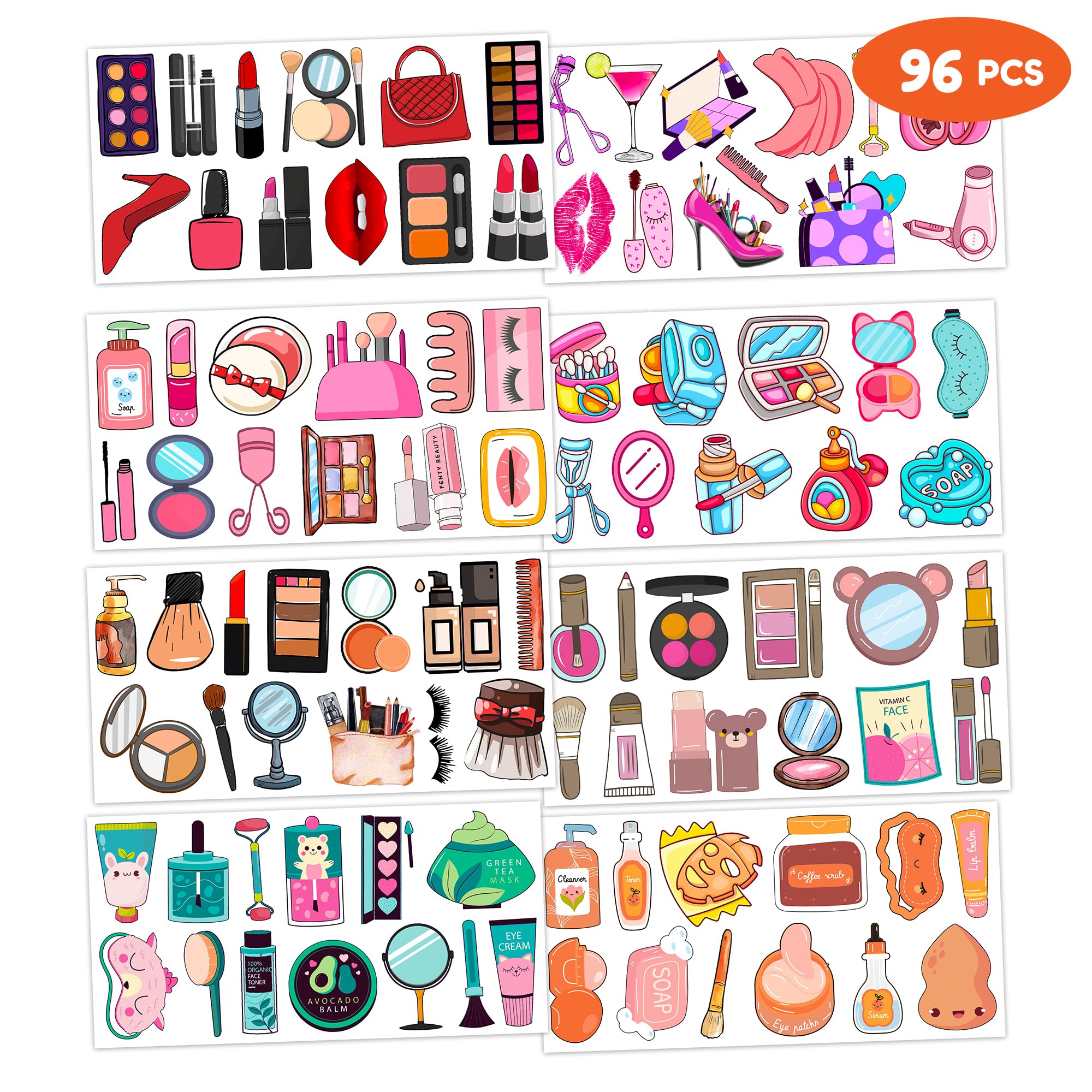 96 PCS Spa Makeup Temporary Tattoo Stickers Theme Birthday Party Decorations Supplies Favors Decor Cute Beauty Cosmetic Nail Tattoos Sticker Gifts for Kids Girls Women School Prizes Carnival Christmas