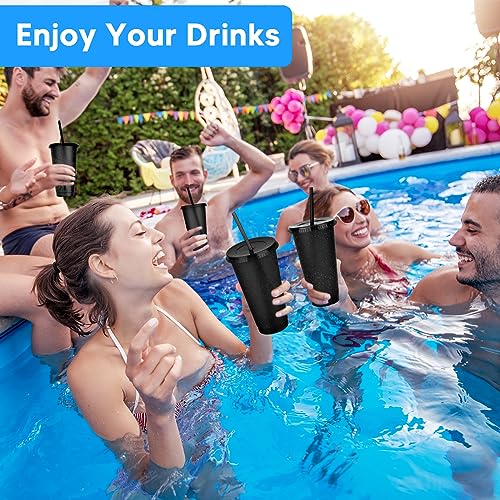 Reusable Cups with Lids and Straws,Plastic Tumblers with Lids and Straws Glitter Iced Coffee Travel Mug Cups for Party Flamingo,Christmas Birthday Party,Cups Friend Gifts,24 Oz,24 Pcs Black Color