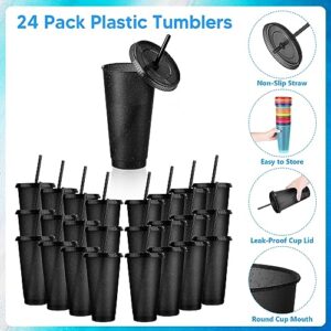 Reusable Cups with Lids and Straws,Plastic Tumblers with Lids and Straws Glitter Iced Coffee Travel Mug Cups for Party Flamingo,Christmas Birthday Party,Cups Friend Gifts,24 Oz,24 Pcs Black Color