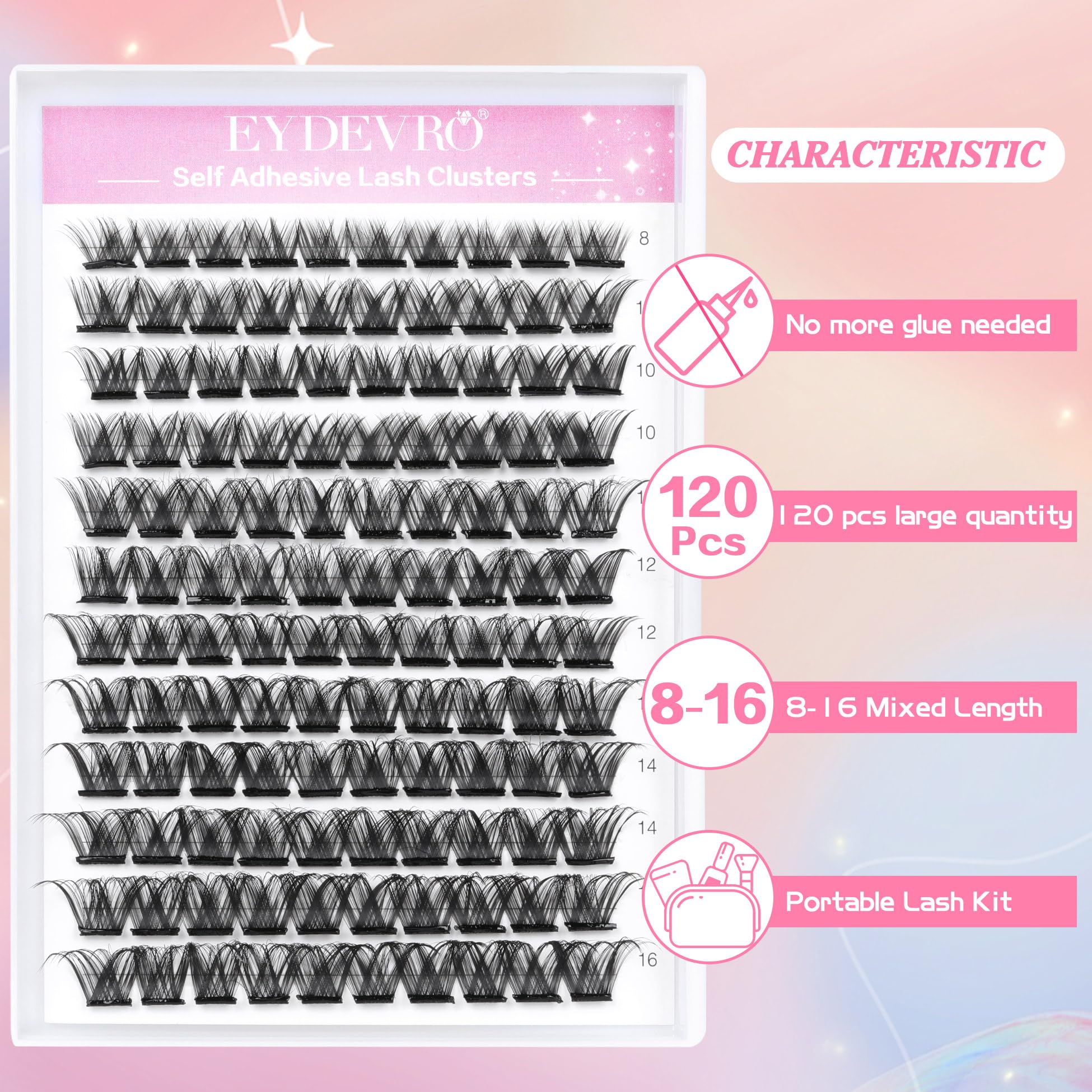 Self Adhesive Eyelashes, Lash Clusters Self Adhesive DIY Lash Extension 120 pcs Reusable Individual Lashes No Glue 8-16mm Mixed Length Press on Lashes Reusable Cluster Lashes Self Apply by EYDEVRO