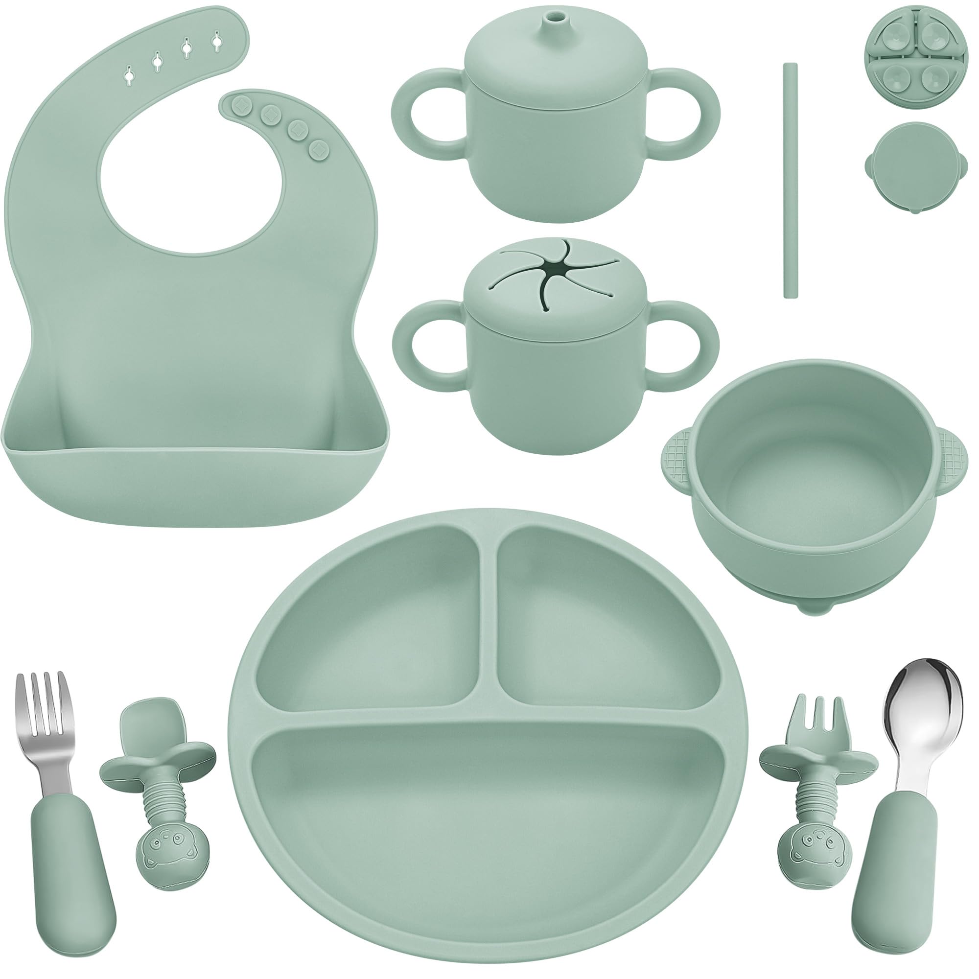 Bufims Silicone Baby Feeding Set, Baby Led Weaning Supplies, Eating Essentials Utensils with Suction Plate and Bowl, Pocket Bib, Sippy Cup with Lid, Forks Spoons Snack Container, for 6+ Months, Green