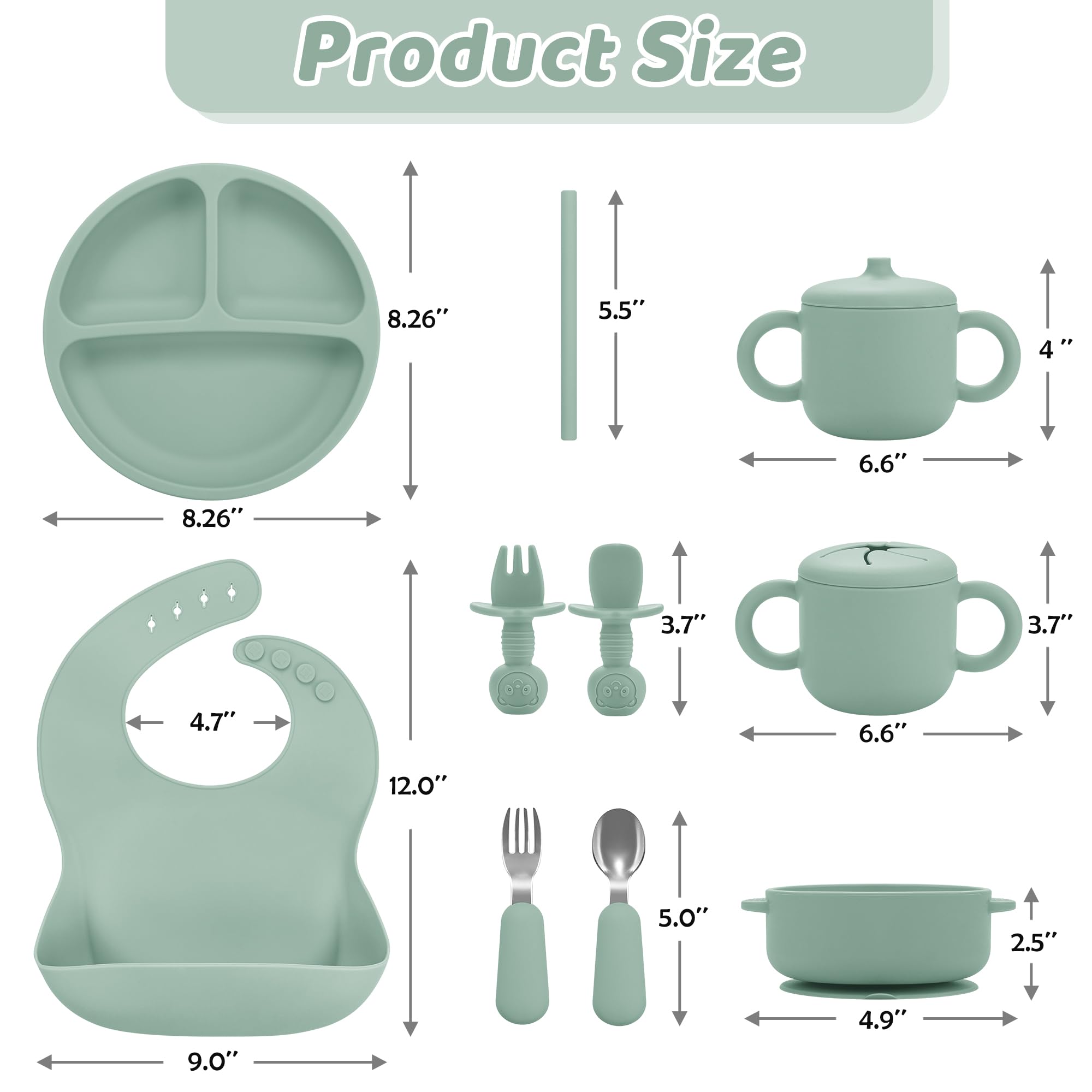 Bufims Silicone Baby Feeding Set, Baby Led Weaning Supplies, Eating Essentials Utensils with Suction Plate and Bowl, Pocket Bib, Sippy Cup with Lid, Forks Spoons Snack Container, for 6+ Months, Green