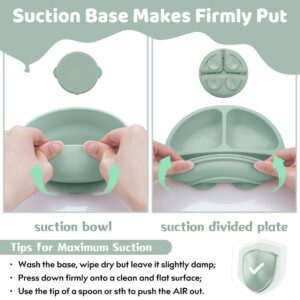 Bufims Silicone Baby Feeding Set, Baby Led Weaning Supplies, Eating Essentials Utensils with Suction Plate and Bowl, Pocket Bib, Sippy Cup with Lid, Forks Spoons Snack Container, for 6+ Months, Green