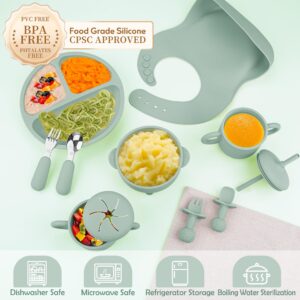 Bufims Silicone Baby Feeding Set, Baby Led Weaning Supplies, Eating Essentials Utensils with Suction Plate and Bowl, Pocket Bib, Sippy Cup with Lid, Forks Spoons Snack Container, for 6+ Months, Green