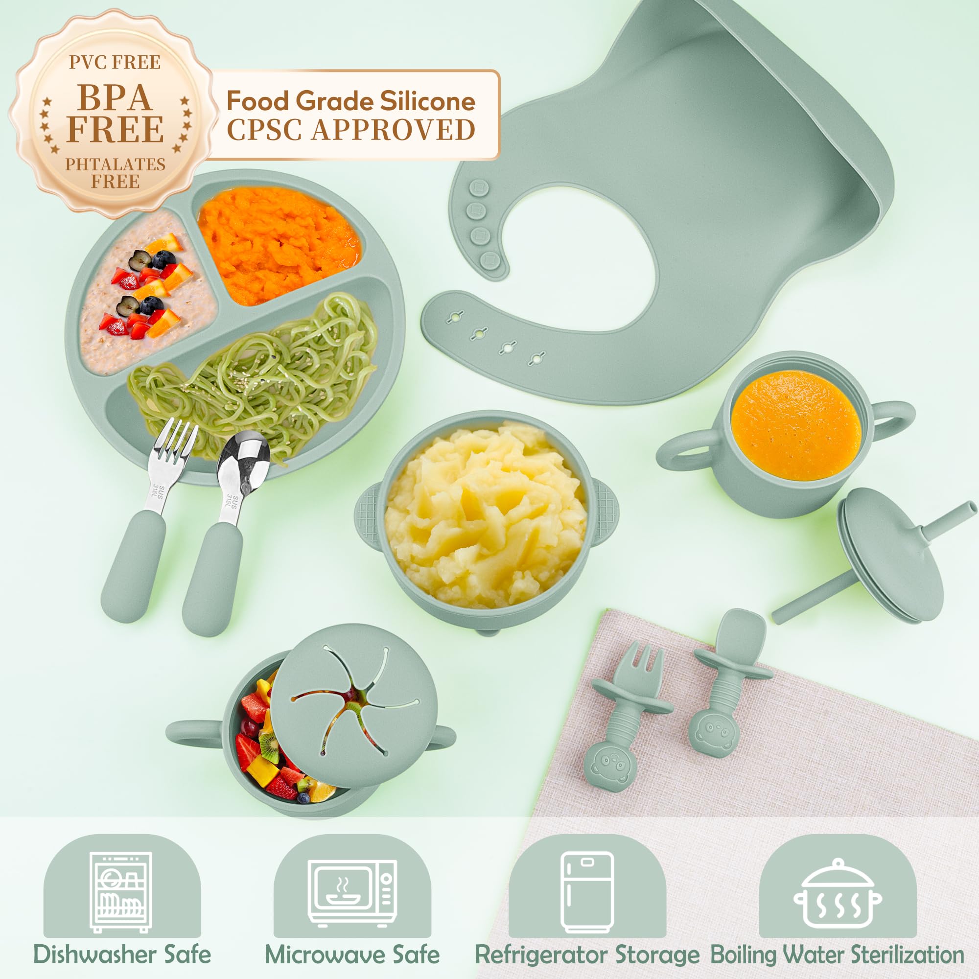 Bufims Silicone Baby Feeding Set, Baby Led Weaning Supplies, Eating Essentials Utensils with Suction Plate and Bowl, Pocket Bib, Sippy Cup with Lid, Forks Spoons Snack Container, for 6+ Months, Green