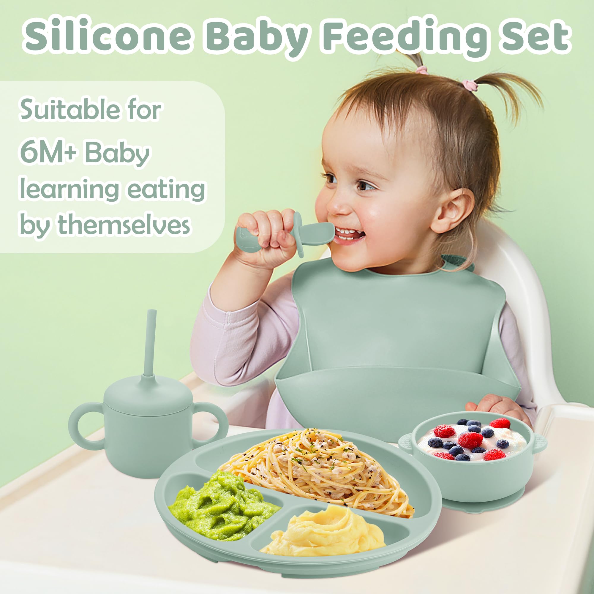 Bufims Silicone Baby Feeding Set, Baby Led Weaning Supplies, Eating Essentials Utensils with Suction Plate and Bowl, Pocket Bib, Sippy Cup with Lid, Forks Spoons Snack Container, for 6+ Months, Green