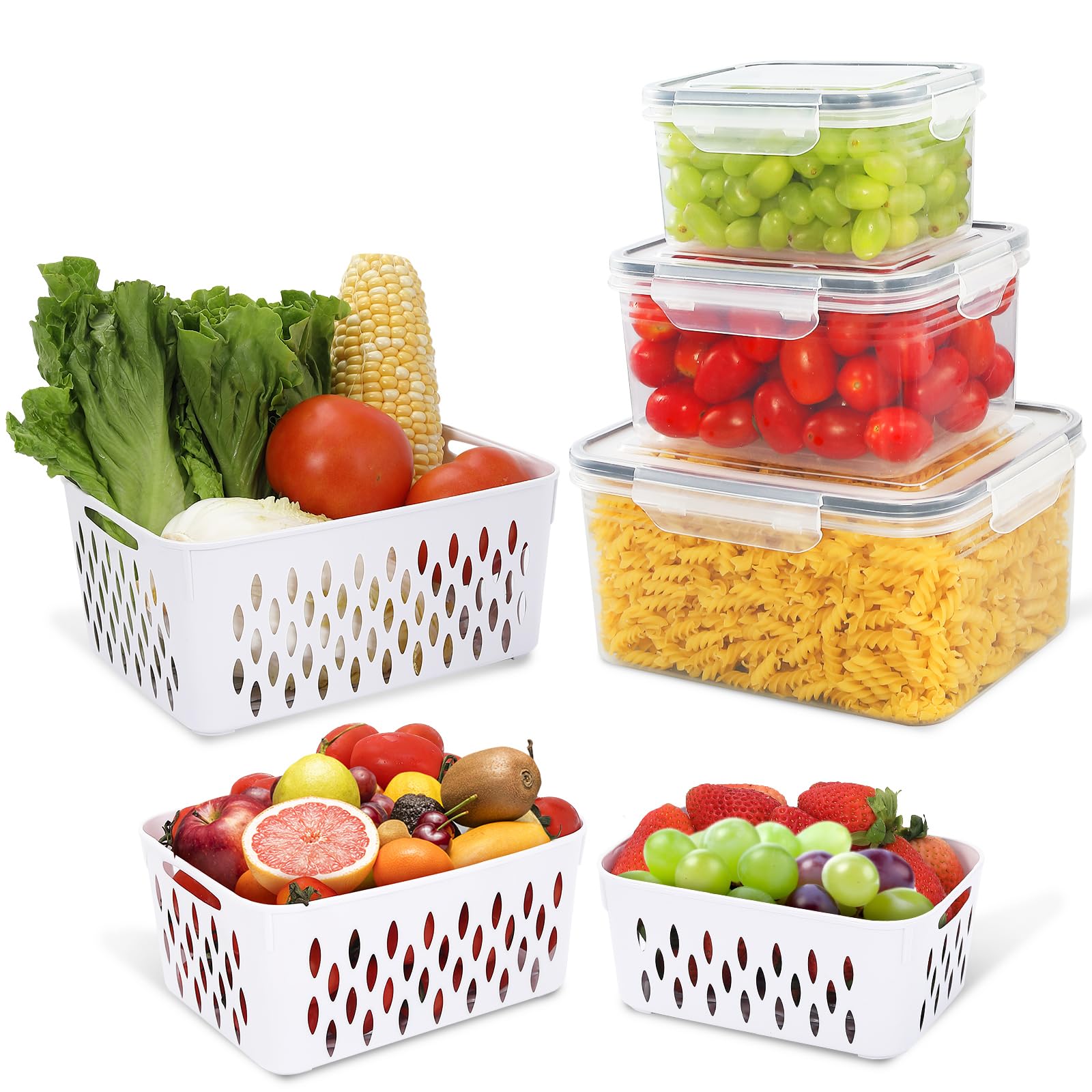 Saymkpesd Fruit Storage Containers for Fridge, Multipurpose Leak Proof Fridge Organizers and Storage with Strainer Fresh Keeper Vegetable Storage Containers for Produce Berry Meat BPA Free