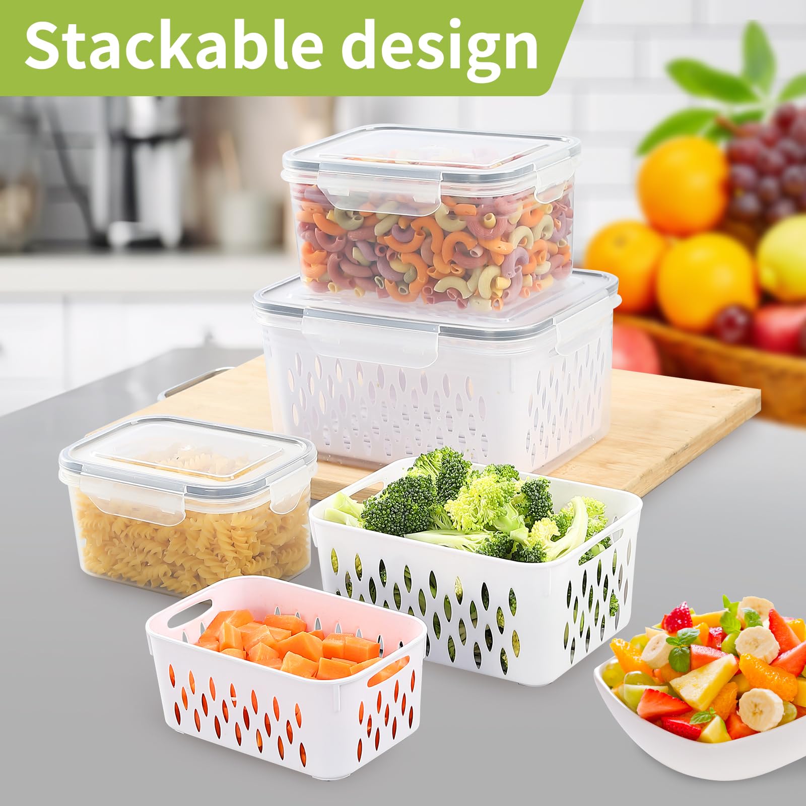 Saymkpesd Fruit Storage Containers for Fridge, Multipurpose Leak Proof Fridge Organizers and Storage with Strainer Fresh Keeper Vegetable Storage Containers for Produce Berry Meat BPA Free