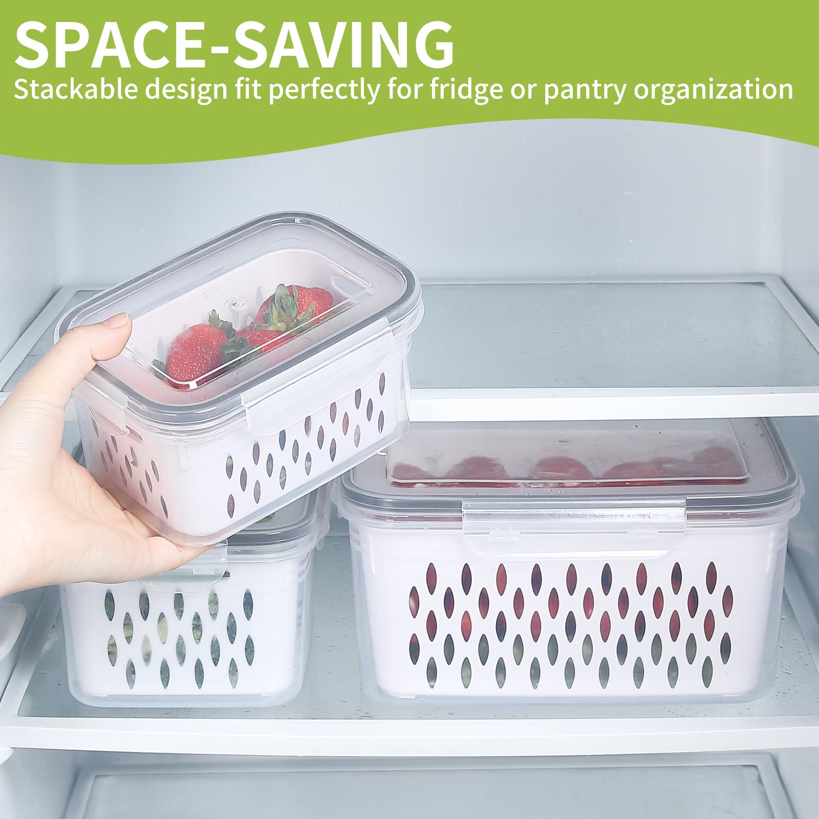 Saymkpesd Fruit Storage Containers for Fridge, Multipurpose Leak Proof Fridge Organizers and Storage with Strainer Fresh Keeper Vegetable Storage Containers for Produce Berry Meat BPA Free