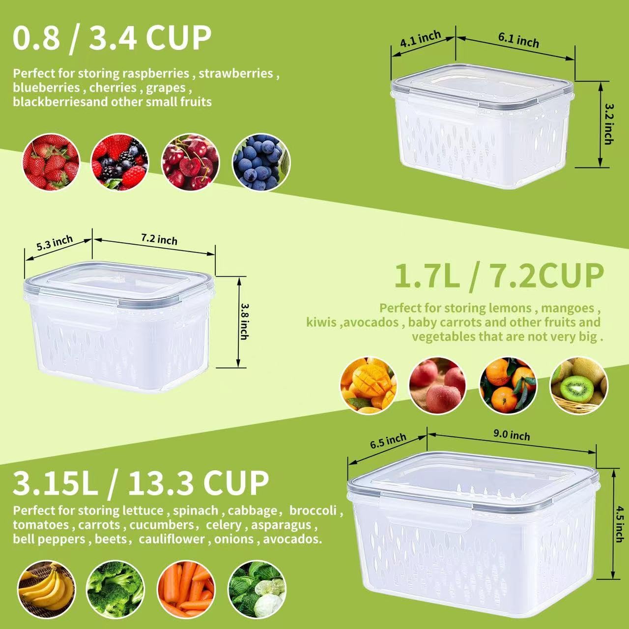 Saymkpesd Fruit Storage Containers for Fridge, Multipurpose Leak Proof Fridge Organizers and Storage with Strainer Fresh Keeper Vegetable Storage Containers for Produce Berry Meat BPA Free