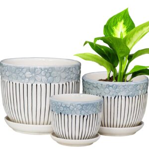 hlukana ceramic plant pots set of 3, 6.75/5.6/4.2 inch planters with drainage holes and saucer, flower pots outdoor indoor, modern decorative planters for house plants garden planters succulent pots