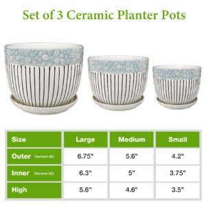 Hlukana Ceramic Plant Pots Set of 3, 6.75/5.6/4.2 inch Planters with Drainage Holes and Saucer, Flower Pots Outdoor Indoor, Modern Decorative Planters for House Plants Garden Planters Succulent Pots